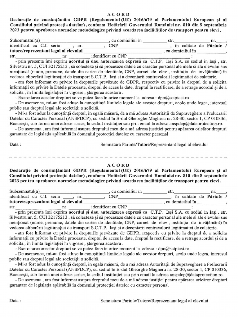 Acord GDPR Emitere Carduri Transport CTP | PDF