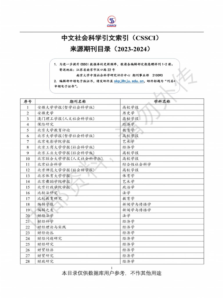 CSSCI来源期刊目录(2023-2024) | PDF