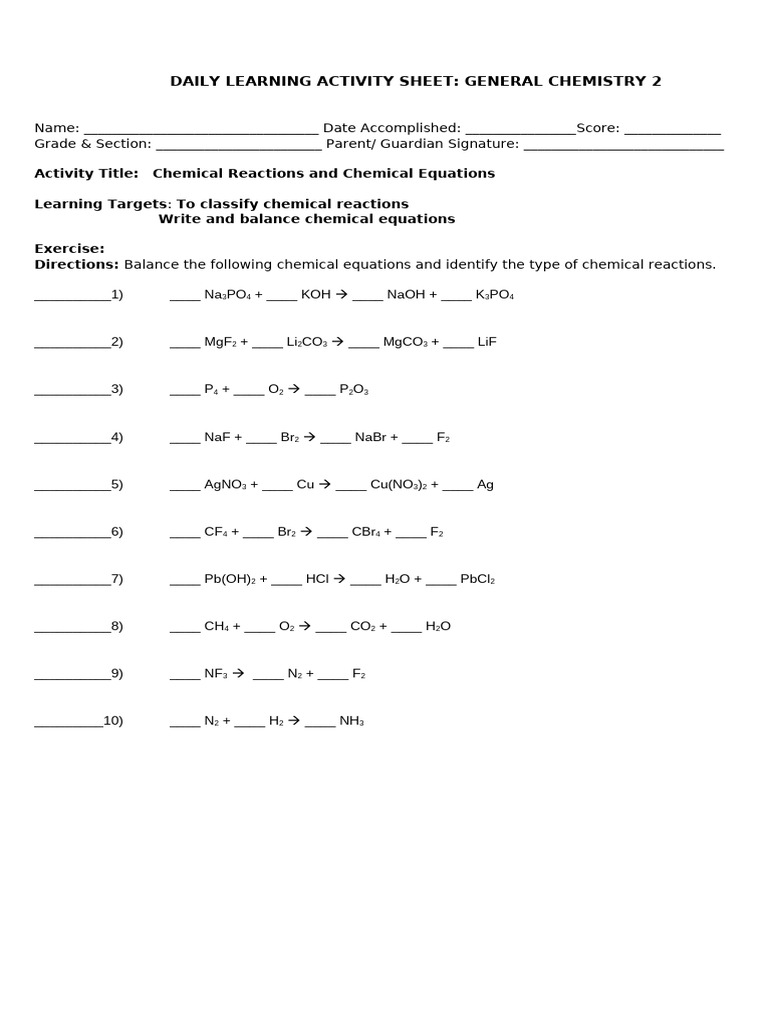 DLA Types of Chemical Reactions | PDF