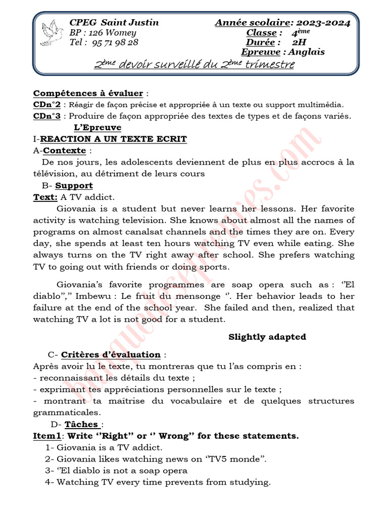 Devoir d'Anglais 4ème - 2ème Trimestre | PDF