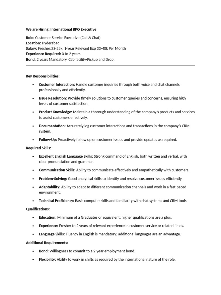 BPO-Job Description with Form Link | PDF | Customer Relationship ...