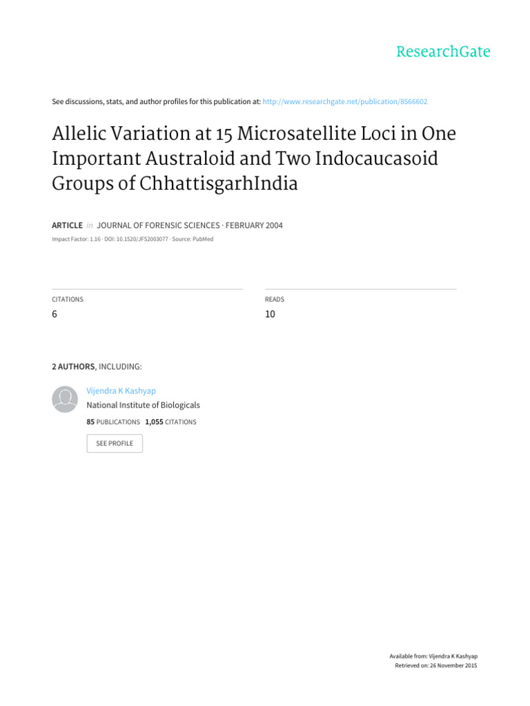 CG Allelic Variation at 15 Microsatellite Loci in One Australoid Caucasoid Pop of Chhattisgarh ...