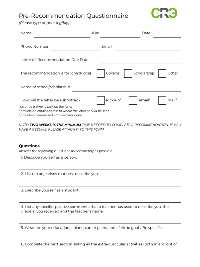 Letter of Recommendation QUESTIONNAIRE | PDF