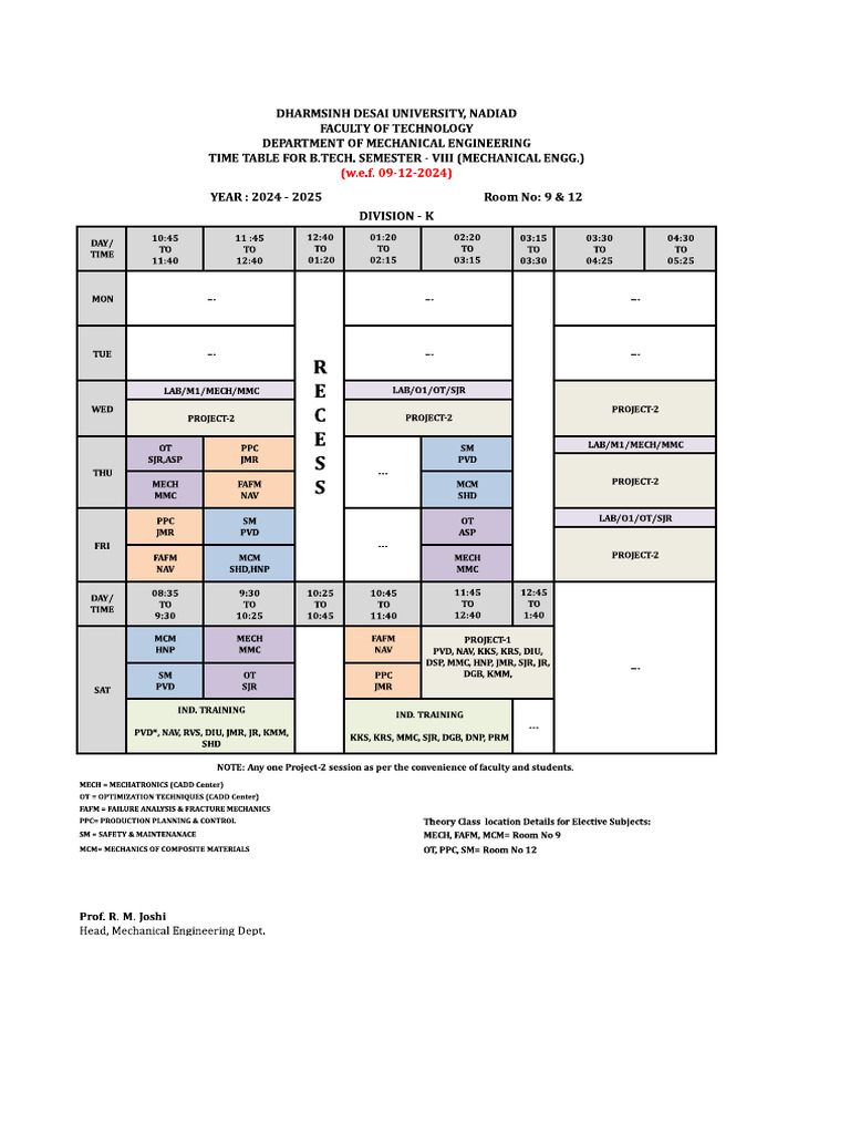 Time Table BTech SemVIII Mechanical 2024-25 DIV K 09122024 | PDF