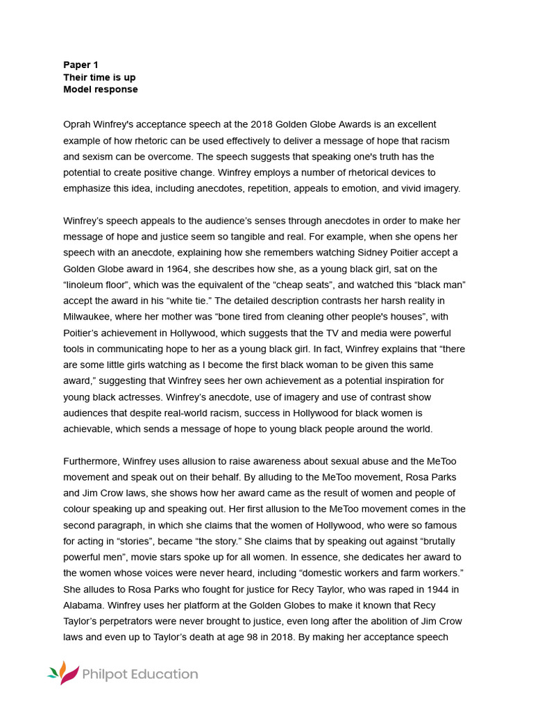 Winfrey's Golden Globe Speech Analysis | PDF