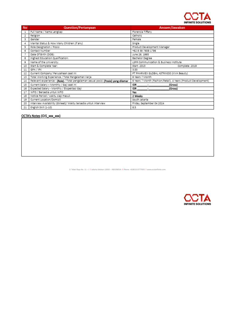 FLORENCIA TIFFANY - PRODUCT MANAGER - Question List - Interview - OIS | PDF