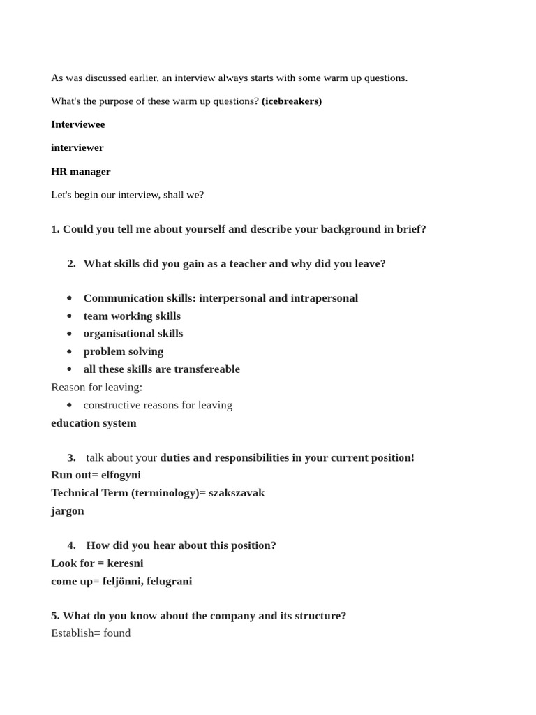 Essential Interview Warm-Up Questions | PDF
