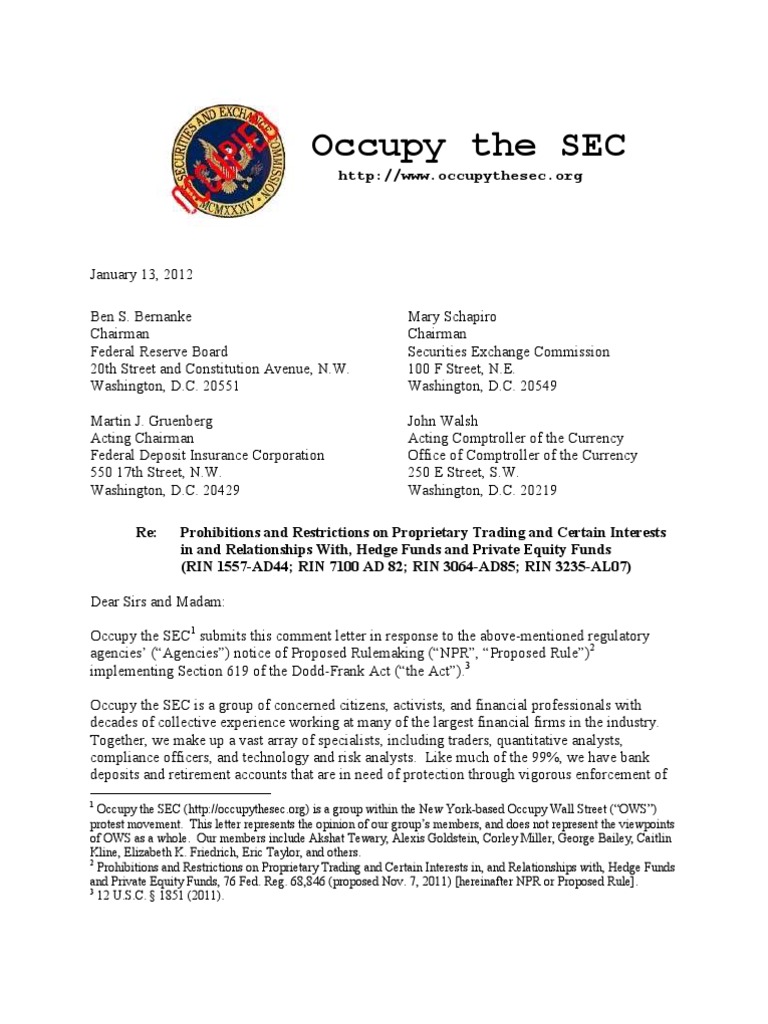 Occupy The SEC Comment Letter On The Volcker Rule | PDF | Volcker Rule ...