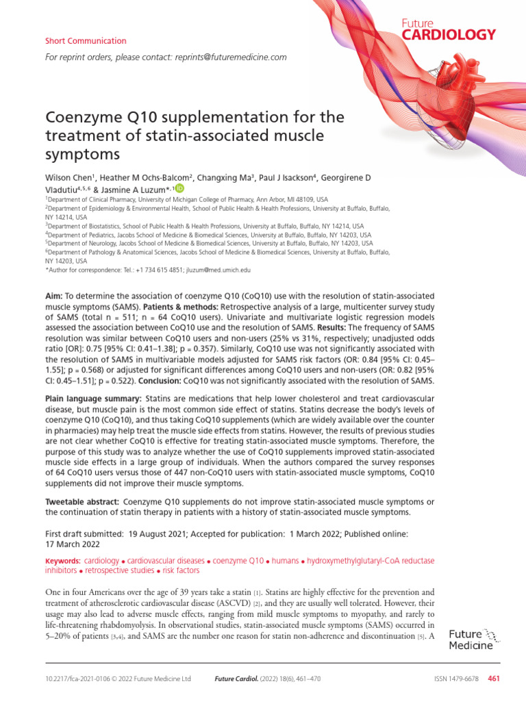 Coenzyme Q10 Supplementation For The Treatment of Statin Associated ...