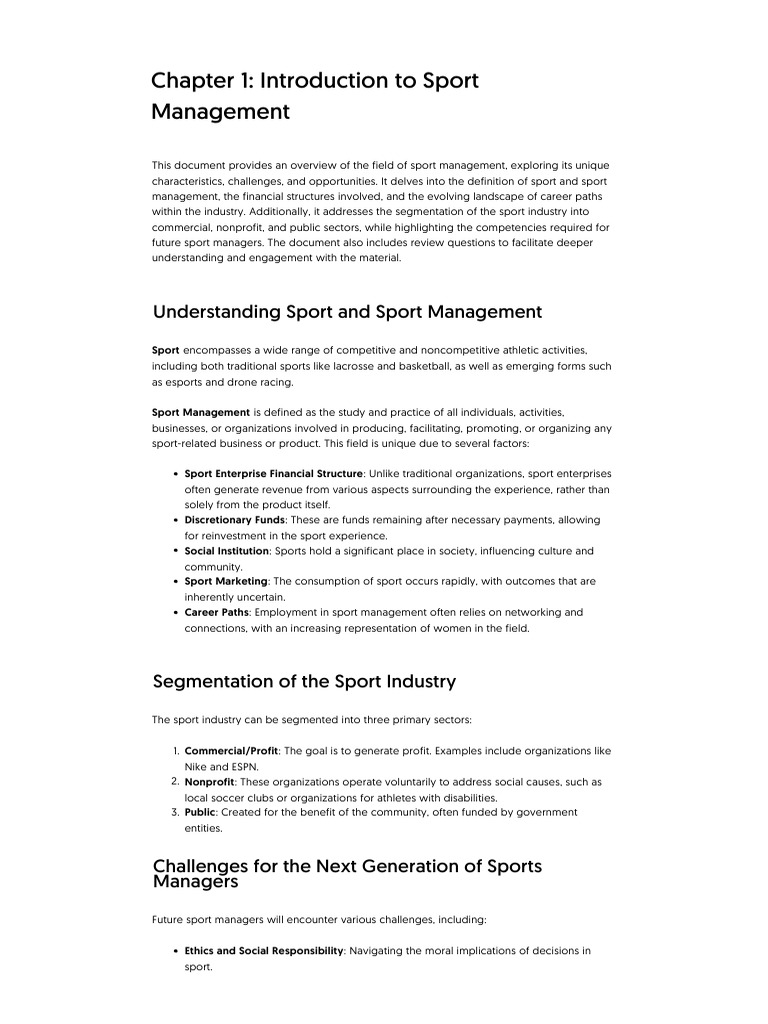 Chapter 1 - Introduction To Sport Management | PDF | Critical Thinking ...