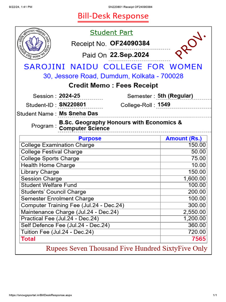 College Fee Receipt for Semester 5 | PDF