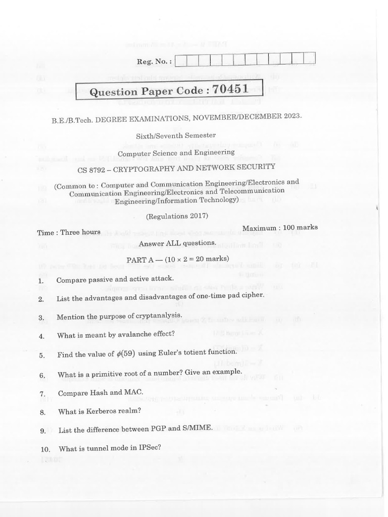 CSE ND 2023 CS 8792 Cryptography and Network Security 360581468 70451 | PDF