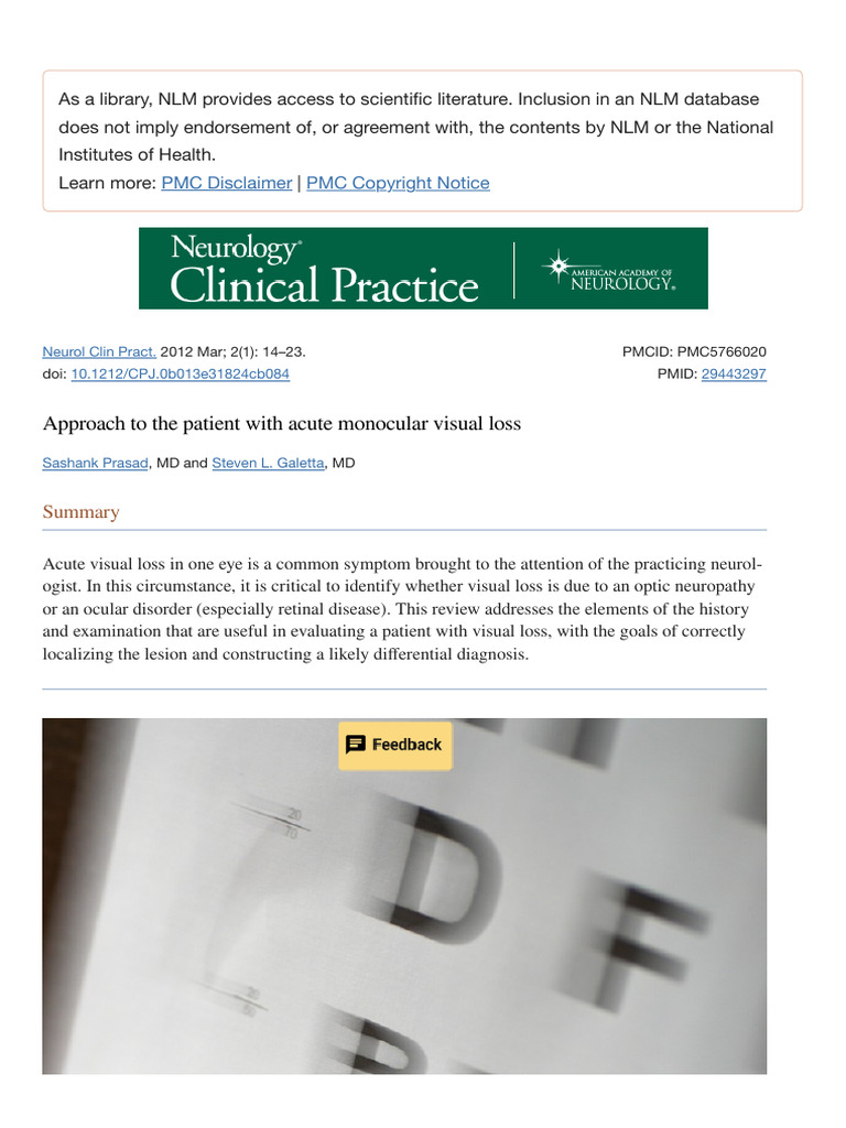 Approach to the Patient With Acute Monocular Visual Loss - PMC | PDF ...