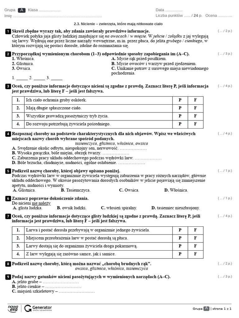 2.3. Nicienie ÔÇô zwierze¦Ęta, kto¦üre maja¦Ę nitkowate cia+éo Test (z ...