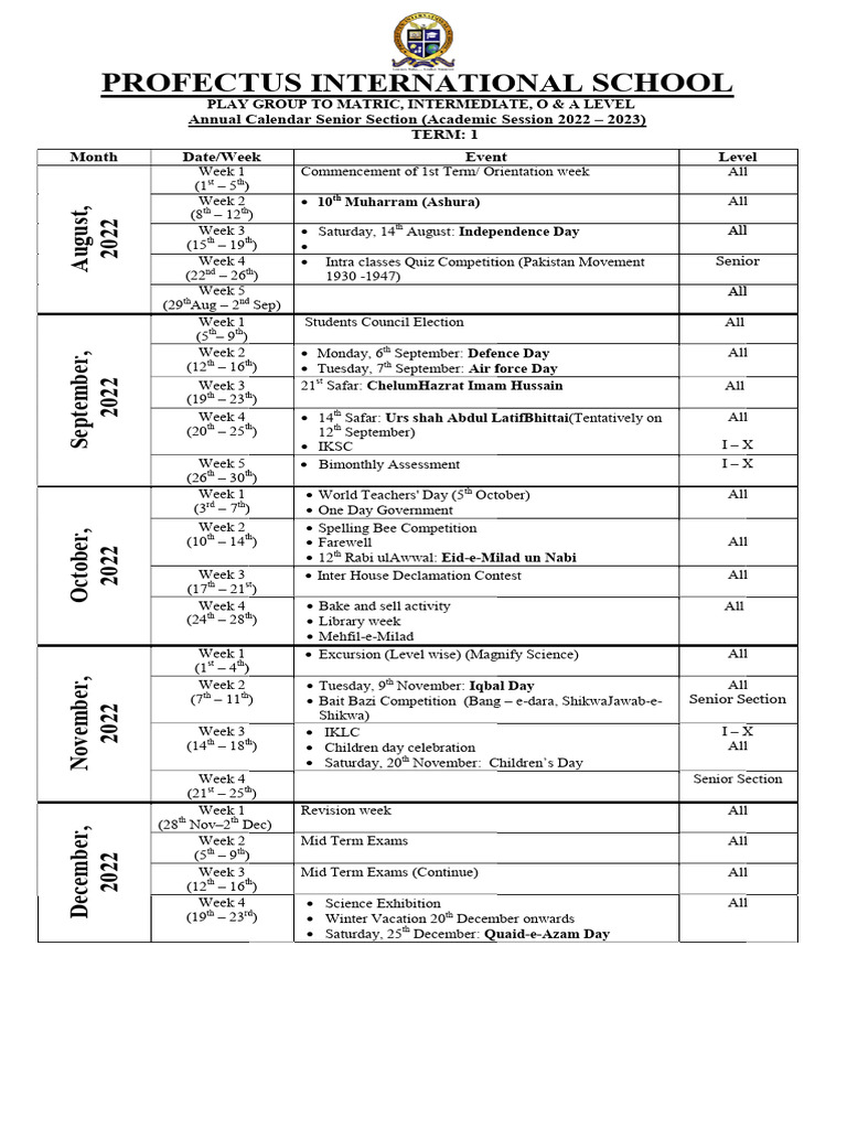 Profectus Annual Academic Calendar 2022-2023 | PDF