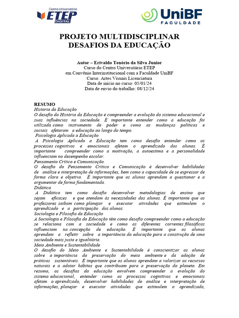 Projeto Multidisciplinar Desafios Na Educacao | PDF | Pedagogia | Pensamento crítico