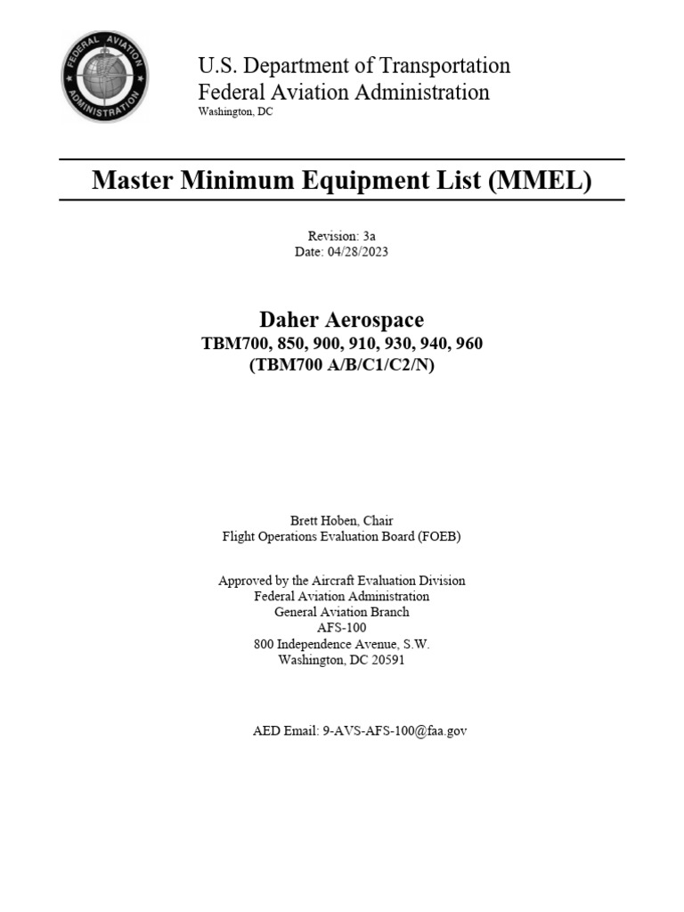 USDOT-FAA Master Minimum Equipment List - All TBM Models Rev 3a 04-2023 ...