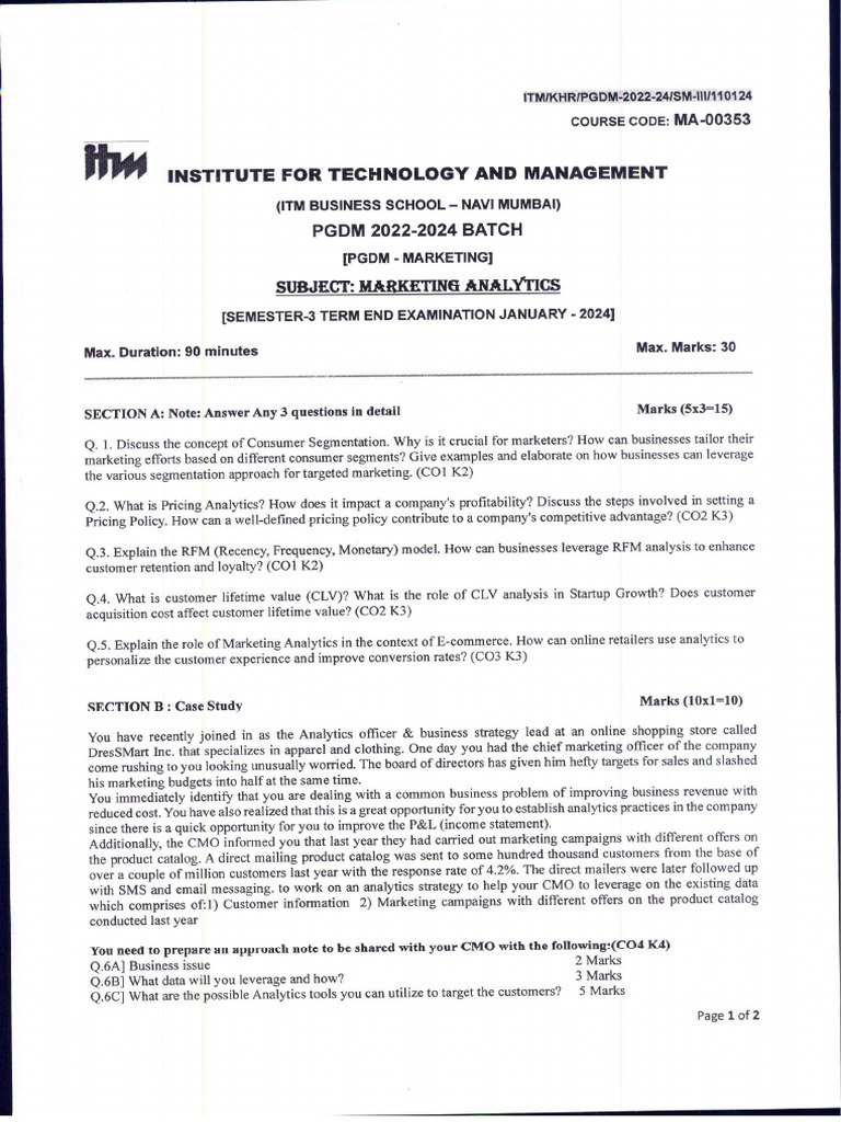Marketing Analytics - Solved Question Paper Sem - III PGDM 2022-24 | PDF | Pricing | Market ...