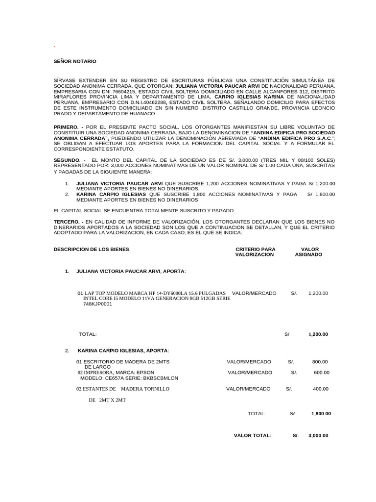 Minuta Final Agosto 2024 - Andina Edifica Pro S.A.C | PDF