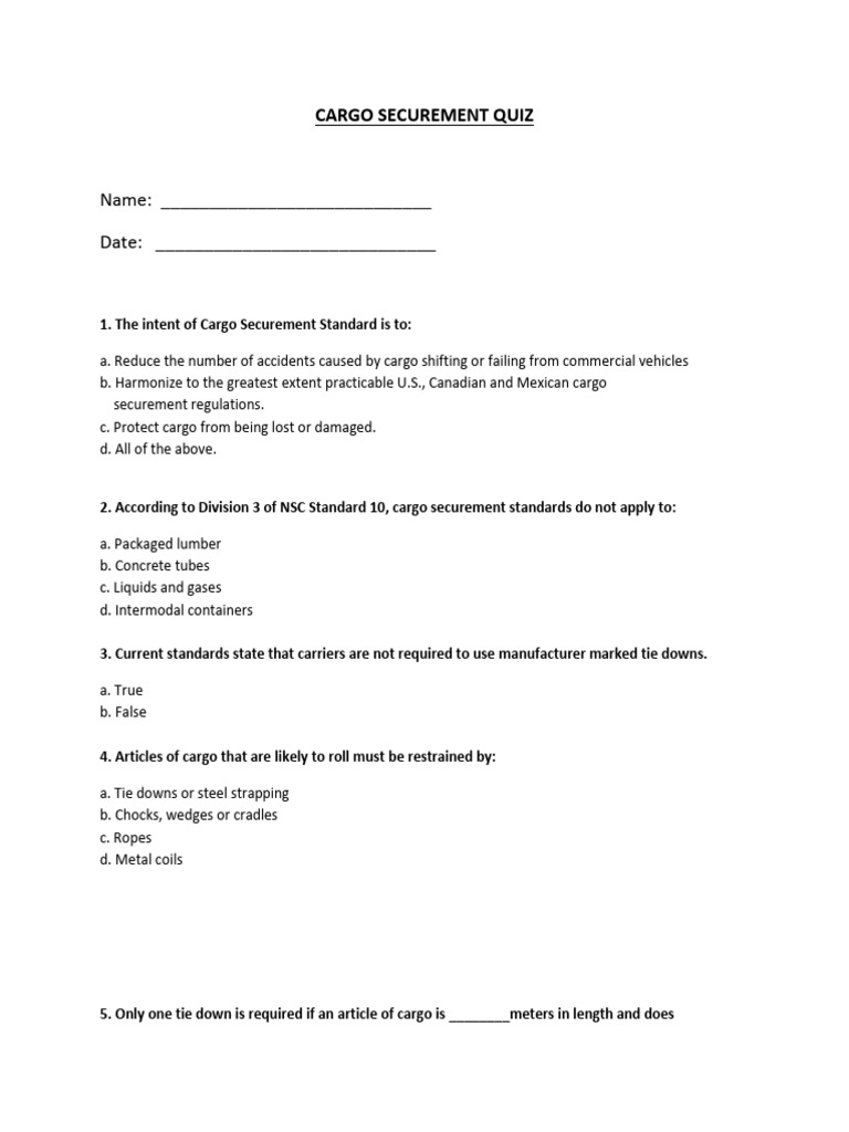 Cargo Securement Quiz Pdf