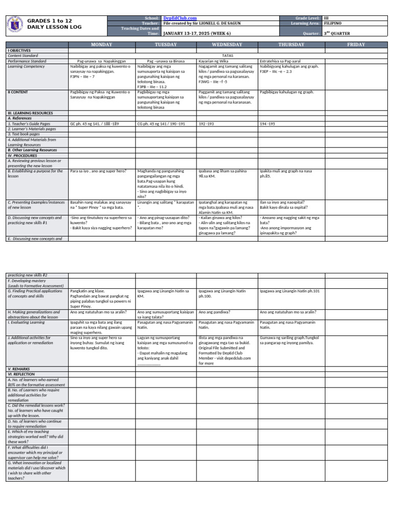 DLL - Filipino 3 - Q3 - W6 | PDF