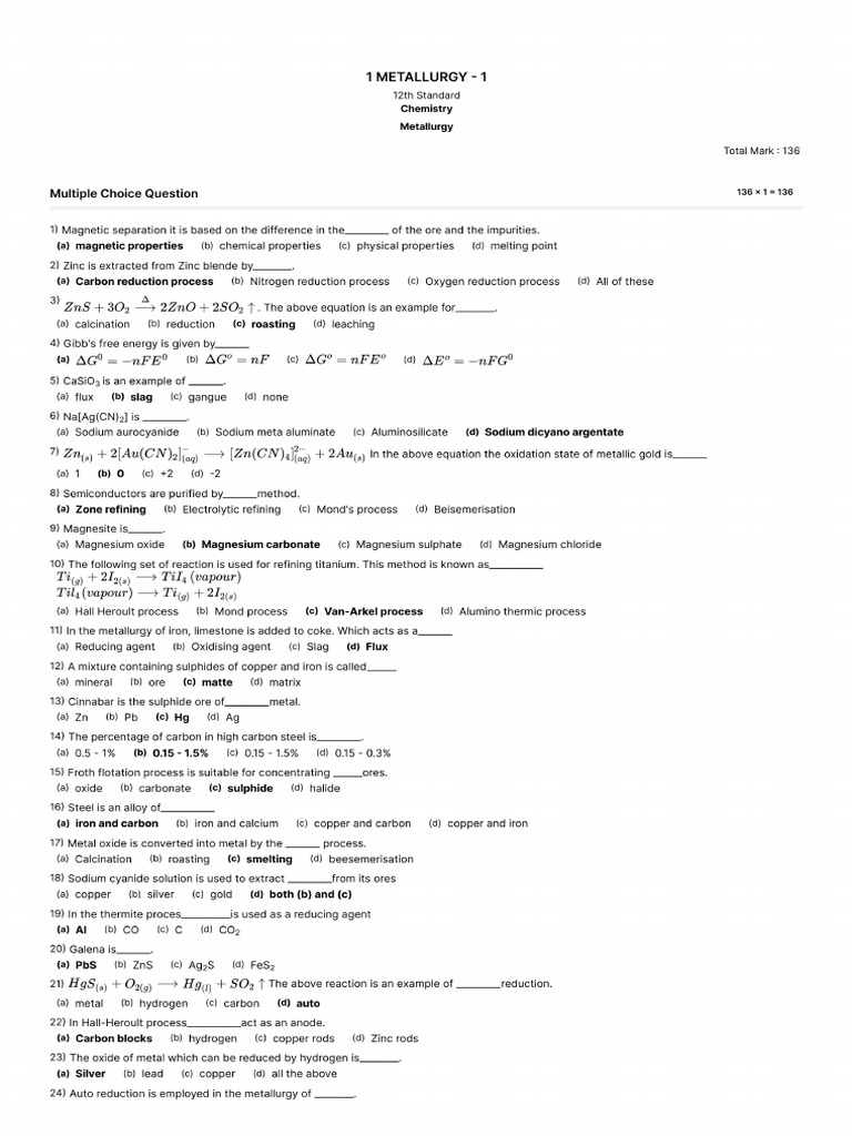 Xii Chemistry Em Interior One Marks -1 | PDF