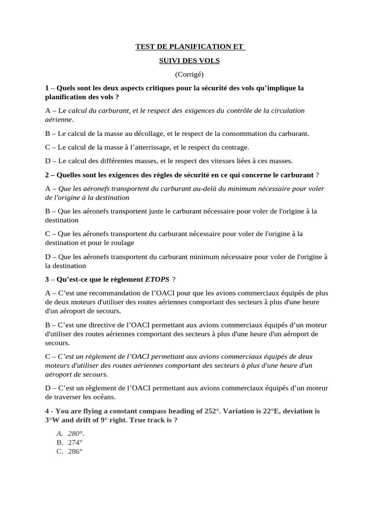 TEST DE PLANIFICATION ET SUIVI DES VOLS A0UT 2024 Corrigé | PDF ...