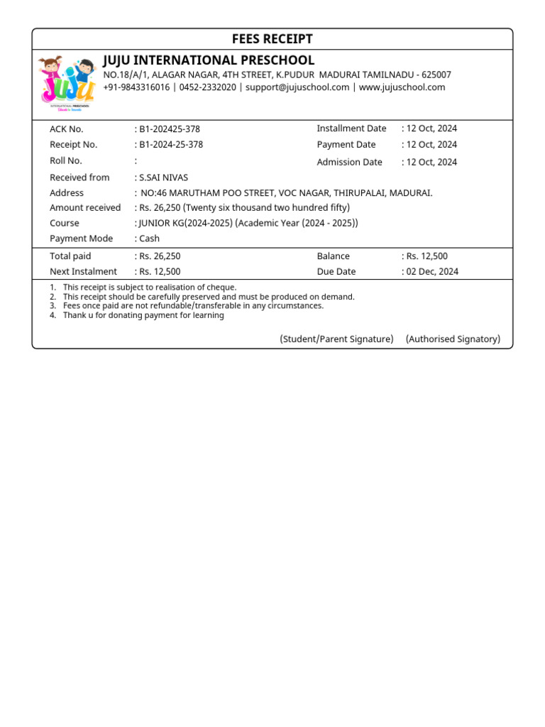 Juju International Preschool Fee Receipt | PDF