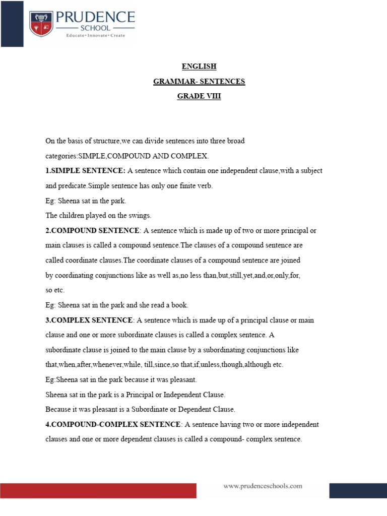 Sentence Structure for Grade 8 | PDF | Clause | Sentence (Linguistics)