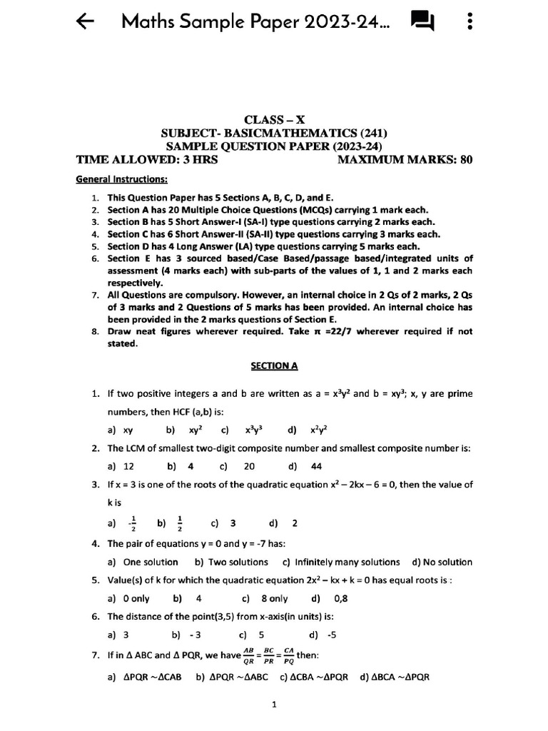 2024 Sample Paper Maths Basic | PDF