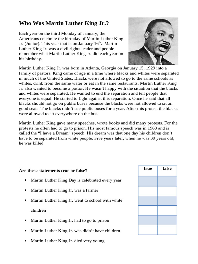11 Martin Luther King Reading Comprehension Exercises 16684 | PDF