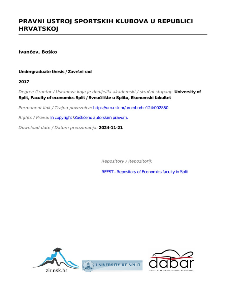 Pravni Ustroj Sportskih Klubova U Republici Hrvatskoj - Ivančev | PDF