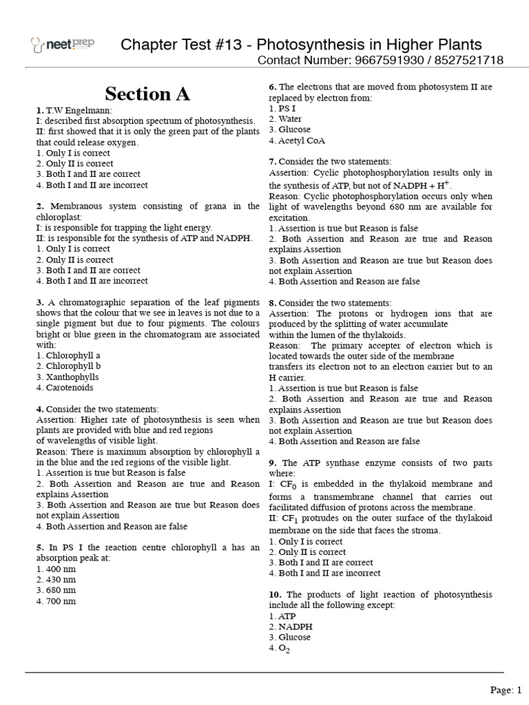 Photosynthesis in Higher Plants Test | PDF | Photosynthesis | Biology