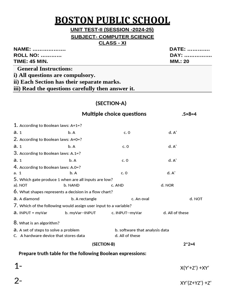 Class Xi-Computer Science Unit-Ii | PDF | Algorithms | Boolean Algebra