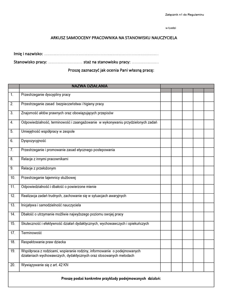 Arkusz Samooceny Pracownika - Poprawiony | PDF