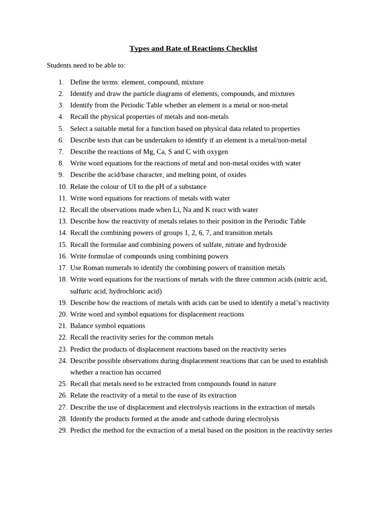 Reactions of Metals Checklist | PDF