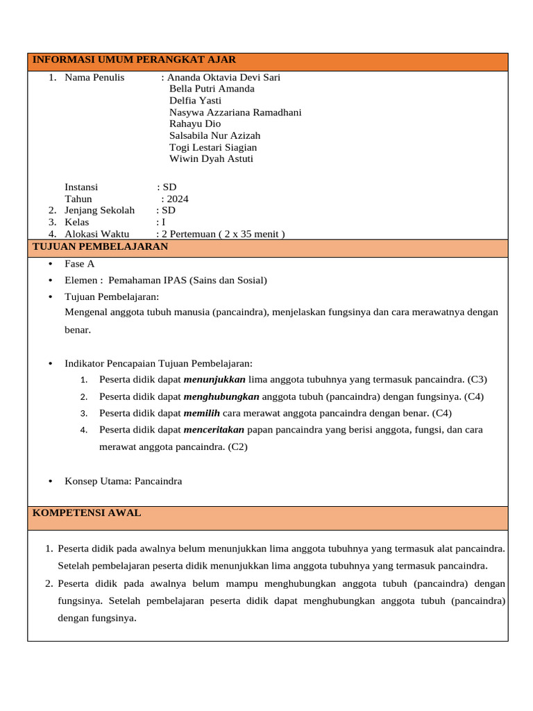 Modul Ajar Kurmer Tematik Kelas 1 Yang Baru | PDF