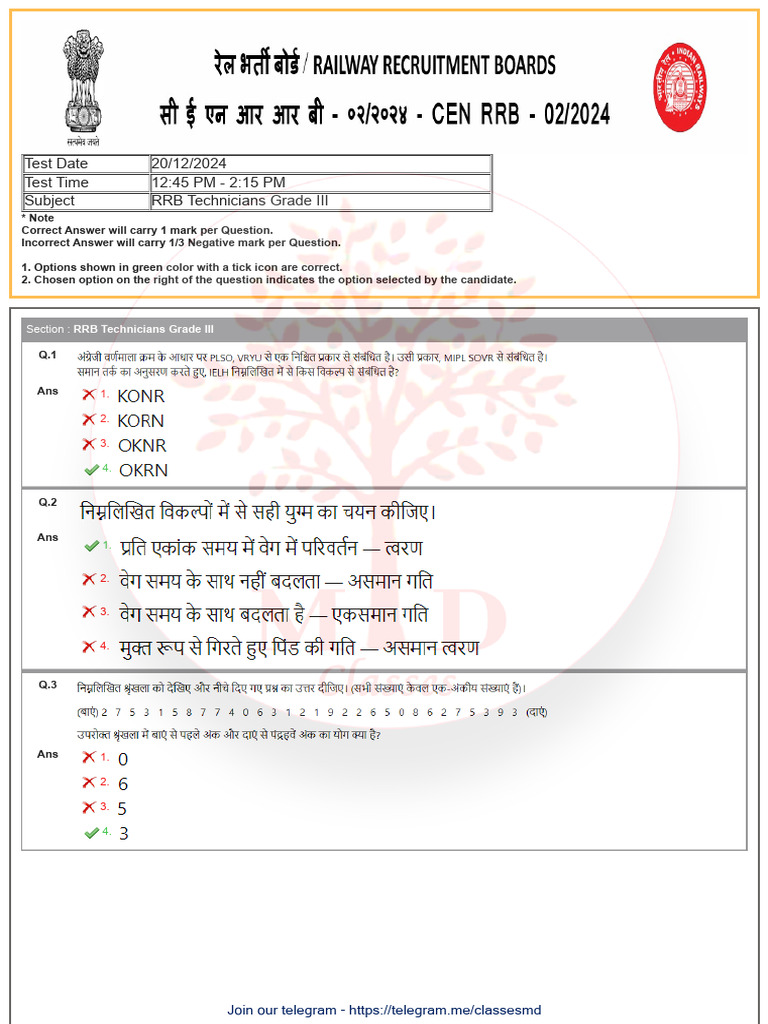 RRB Tech III AnswerKey Compilation (Hindi) MD CLASSES | PDF