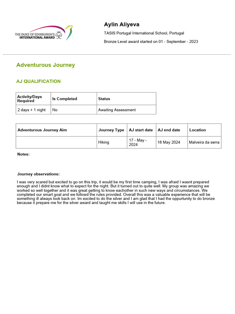 Aylin Aliyeva's Bronze Adventurous Journey | PDF