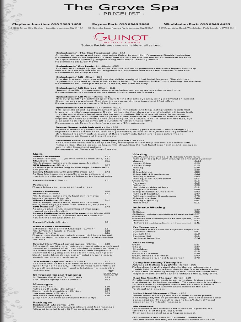 The Grove Spa - Pricelist | PDF | Massage | Integumentary System