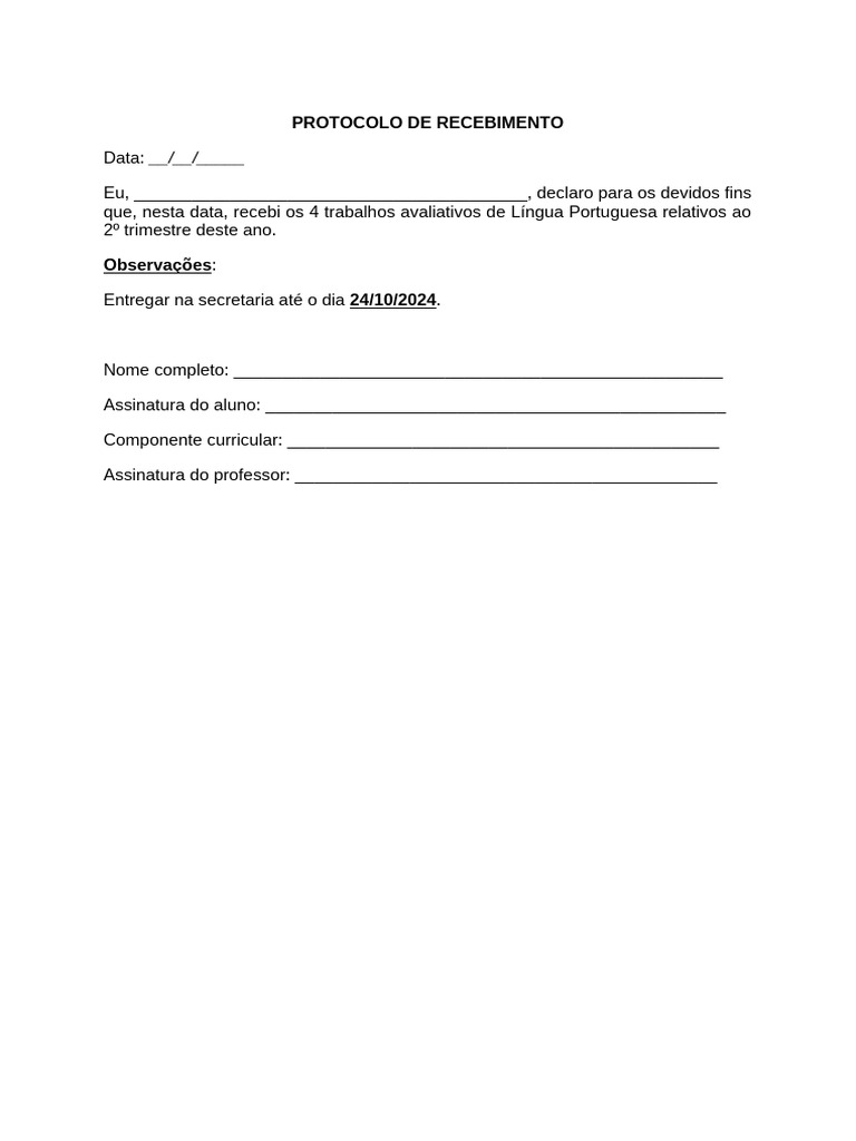 Protocolo de Recebimento (Atividades Compensatórias) | PDF