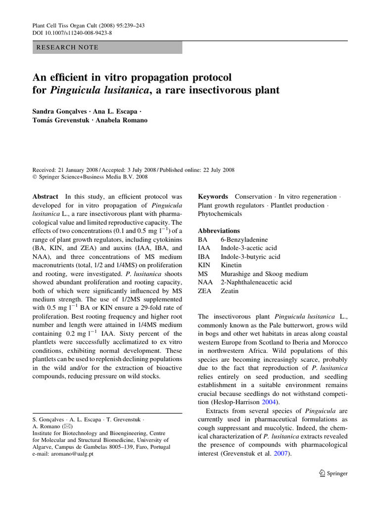 An Efficient in Vitro Propagation Protocol For Pinguicula Lusitanica, A ...