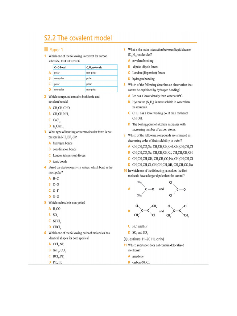 practice questions covalent bonding | PDF