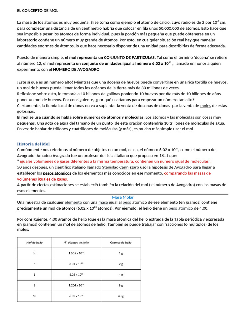 Unidades de La Quimica. Mol, Numero de Avogadro y Masa | PDF | Mole ...