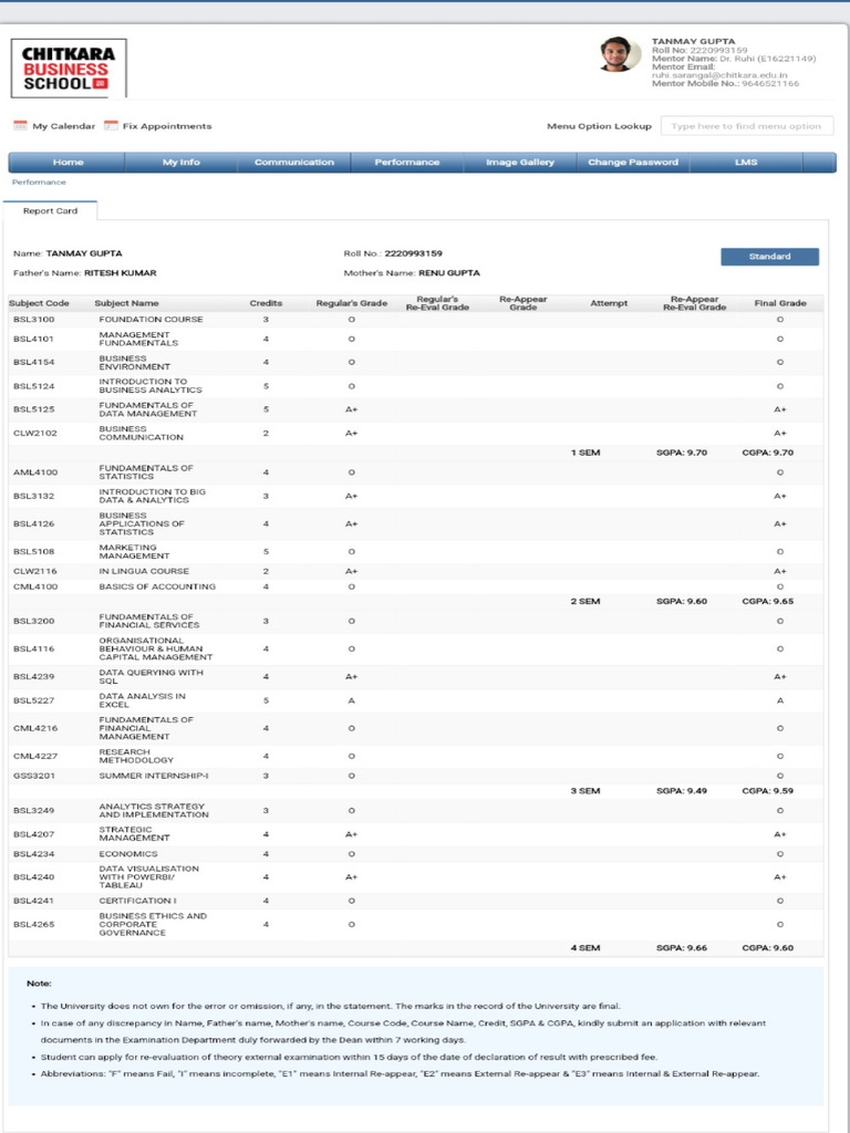 Report Card BBA | PDF