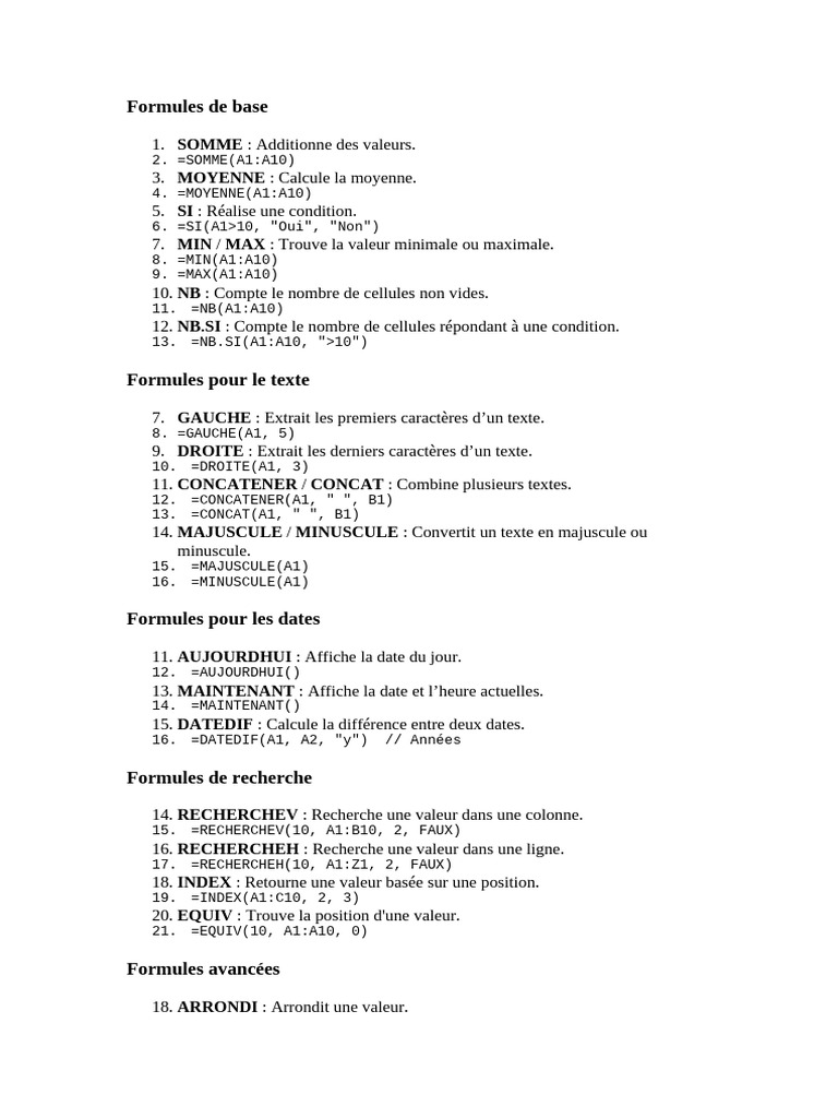 Formules Excel de Base et Applications | PDF | Microsoft Excel | Échecs
