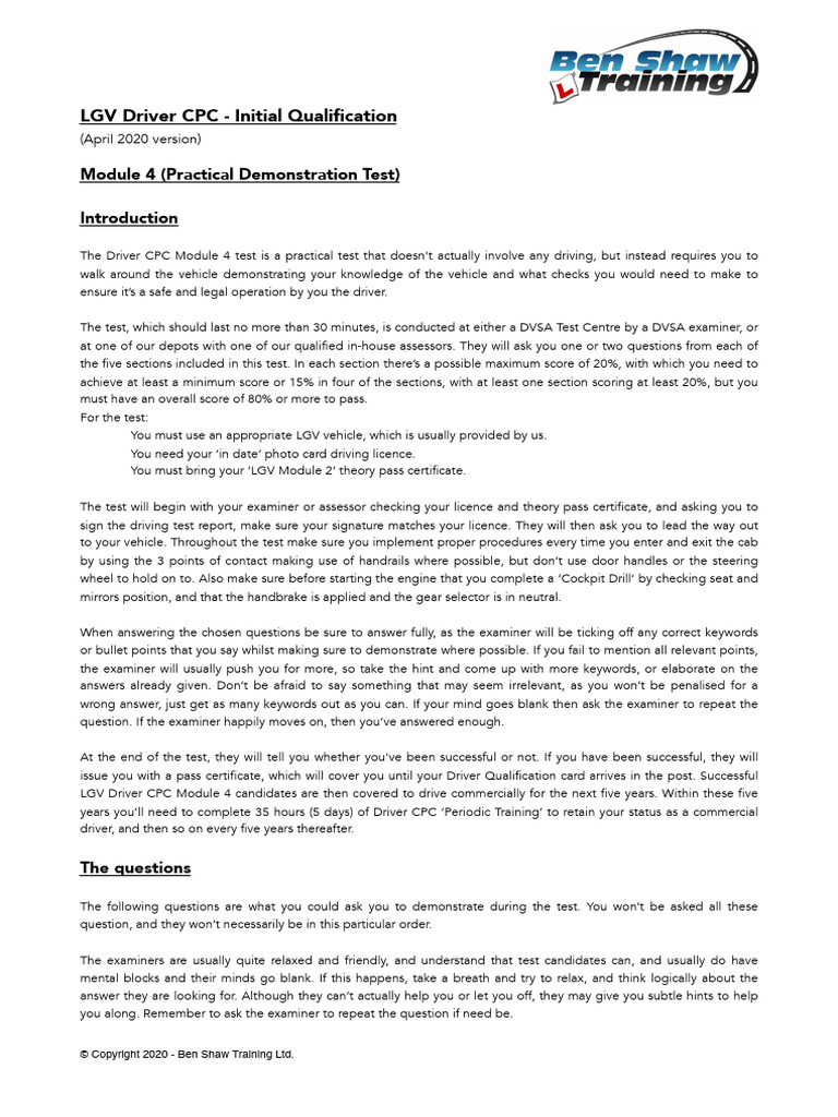 LGV CPC Mod 4 Study Guide APRIL 2020 PDF | PDF | Vehicles | Transport