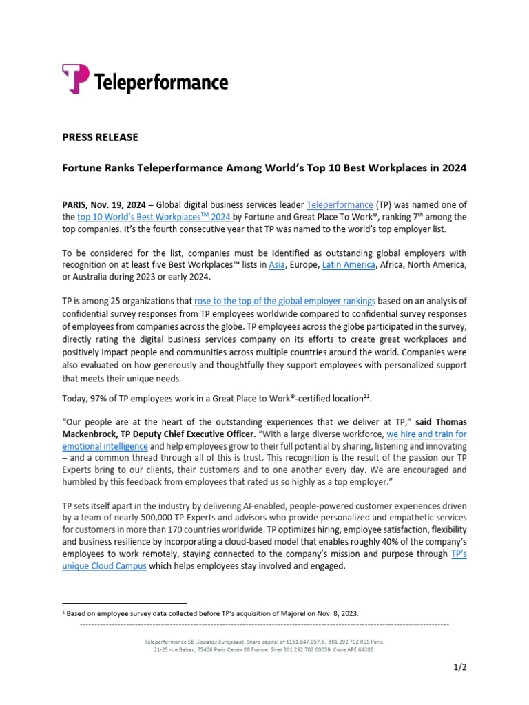teleperformance-press-release-worlds-best-workplace-ev-def | PDF ...