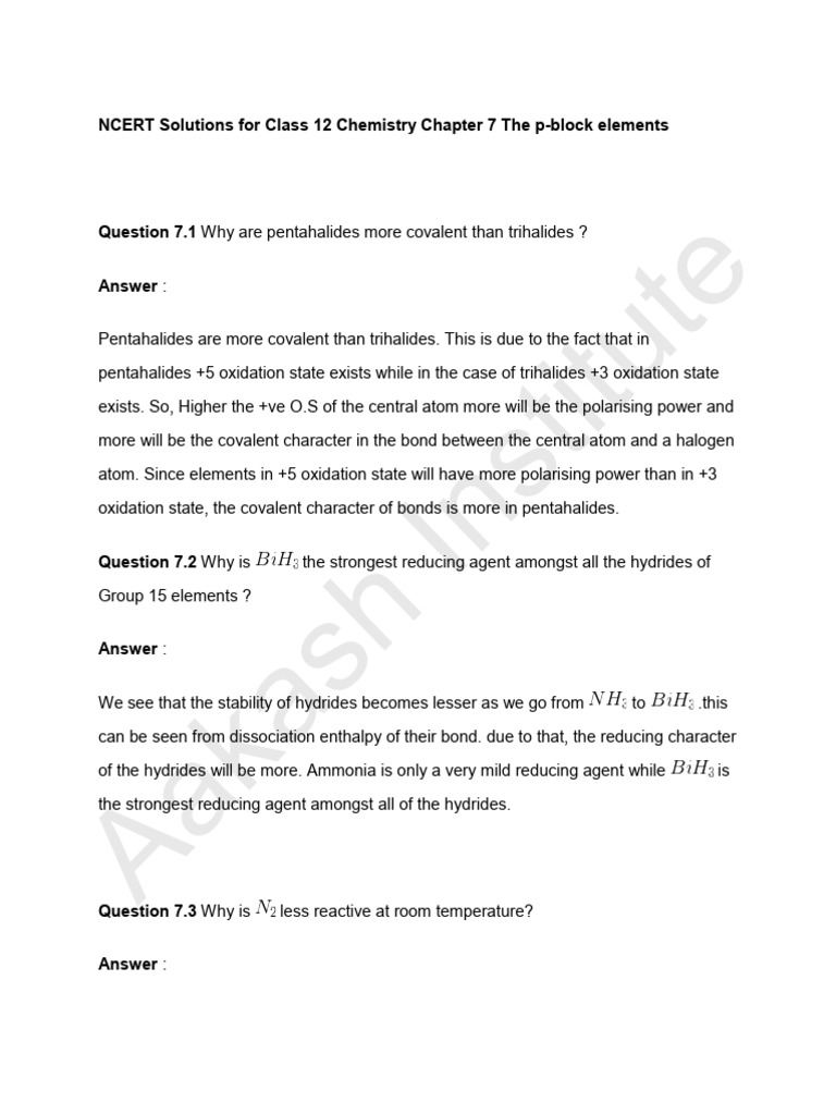 Class 12 Chemistry: p-block Elements | PDF | Chemical Bond | Nitrogen