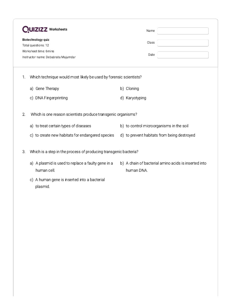 Biotechnology Quiz Worksheet | PDF | Molecular Cloning | Genetics